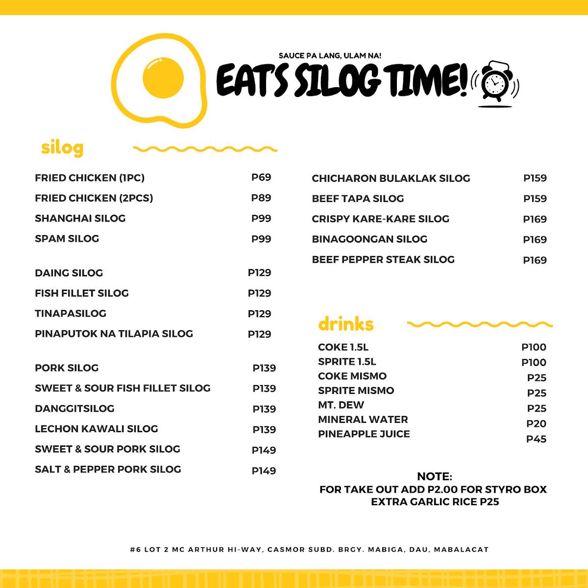 Menu at Eat's Silog Time! restaurant, Mabalacat