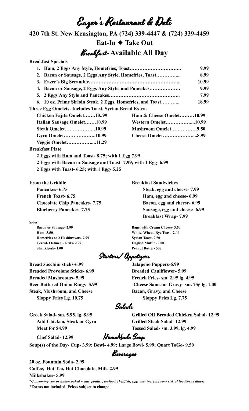 Carta de Eazer's Restaurant & Deli, New Kensington