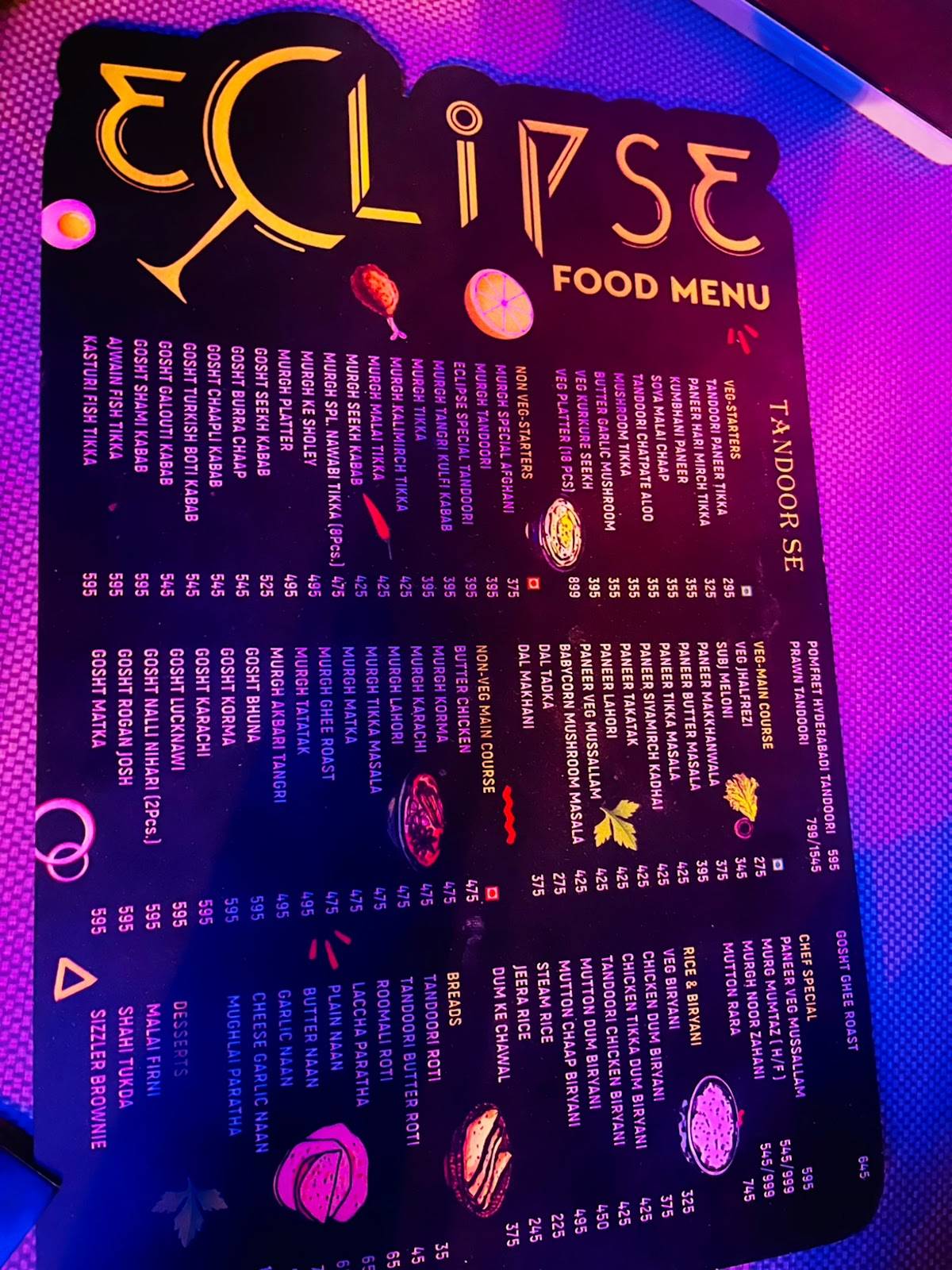 Menu at Eclipse Night Club, Varanasi
