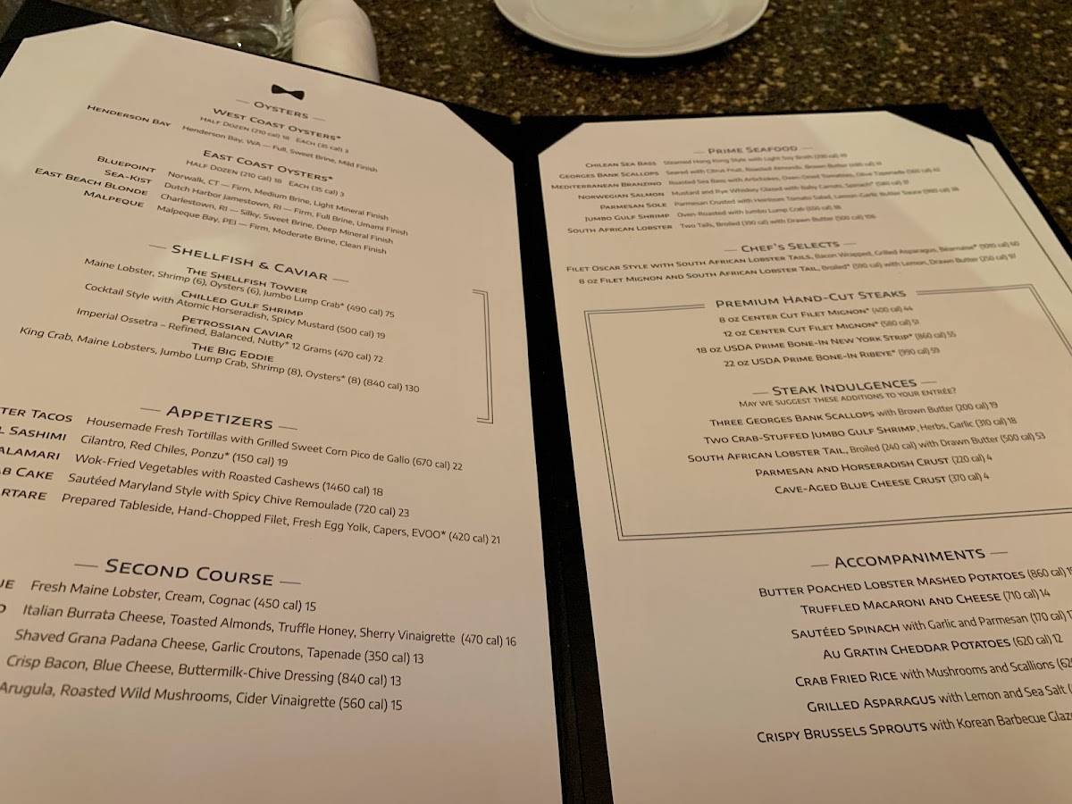 Menu at Eddie V's Prime Seafood steakhouse, Fort Lauderdale