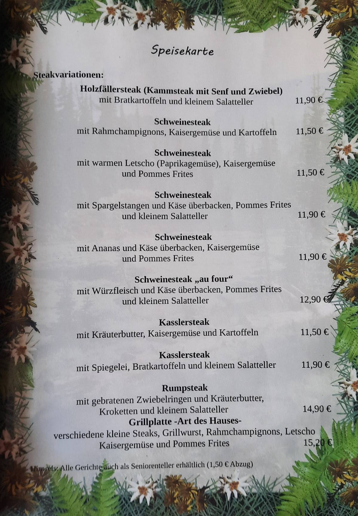 Menu at Edelweiss restaurant, Kamenz