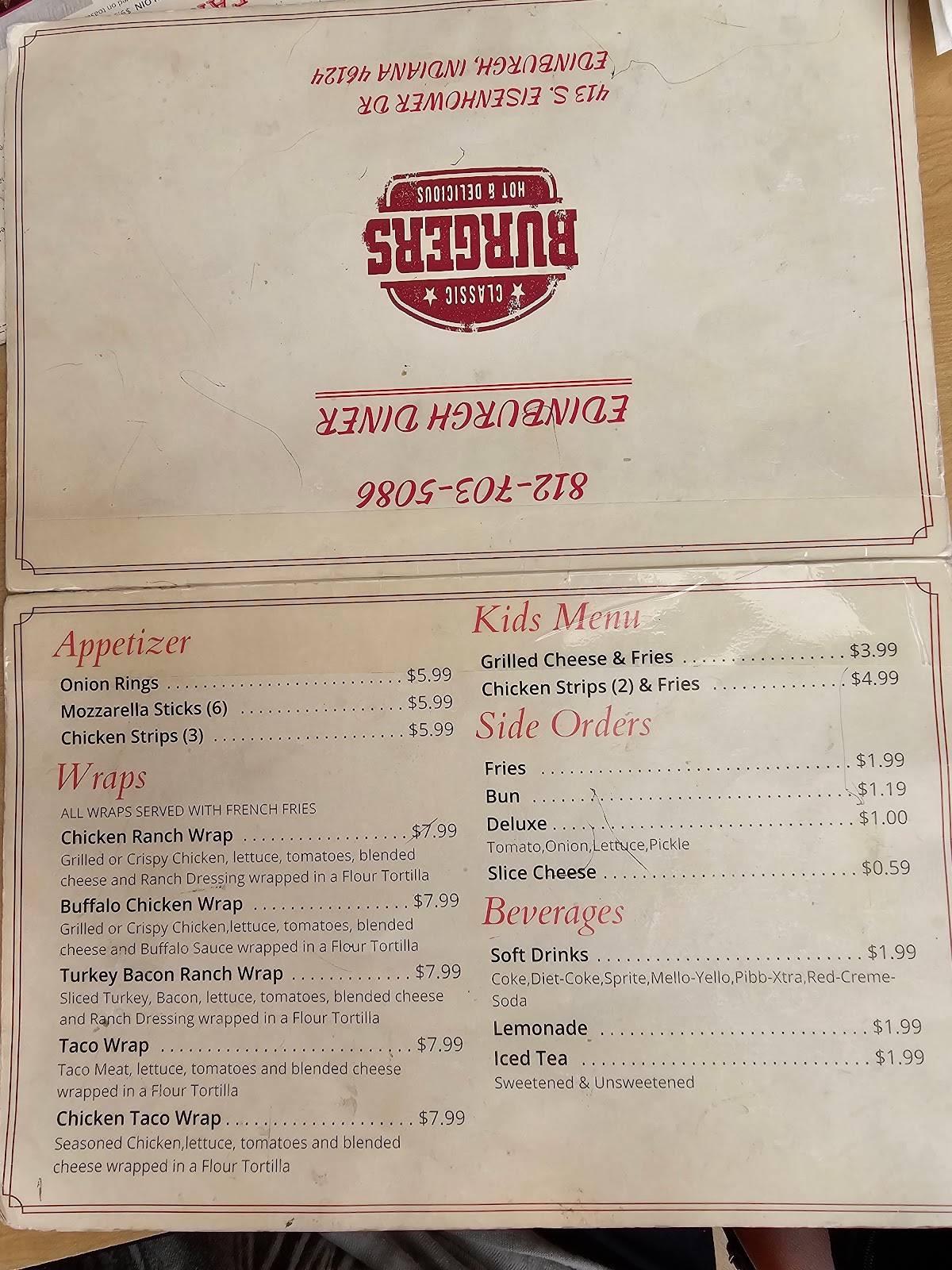 Menu at Edinburgh Diner restaurant, Edinburgh