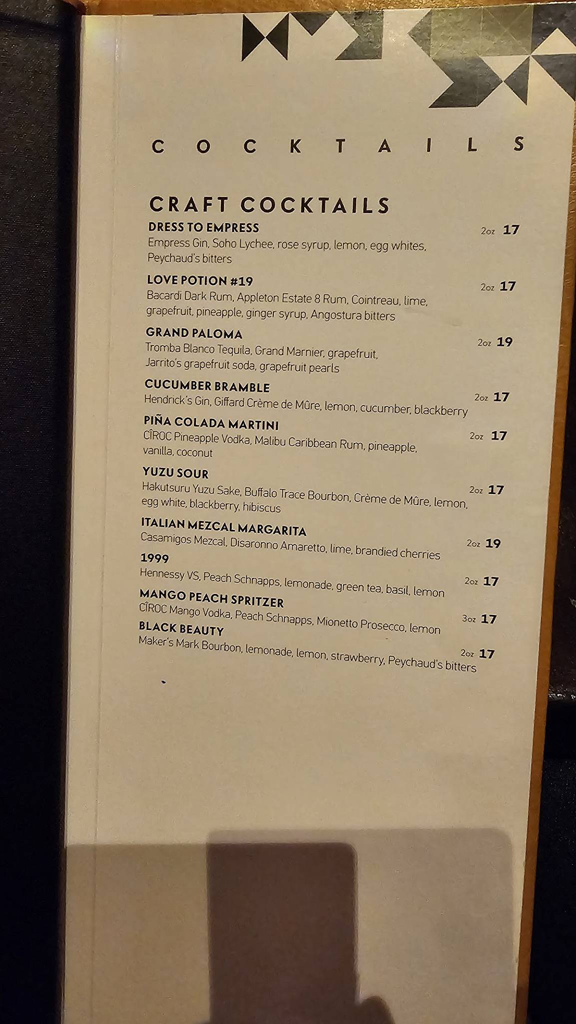Menu at XIX Nineteen restaurant, Edmonton, Mullen Way