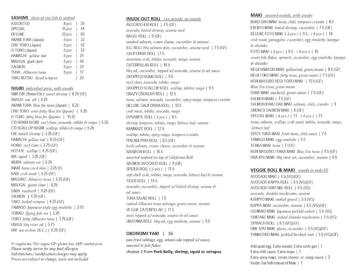 Menu at Edokko Japanese Food restaurant, Winnipeg, 532 Waterloo St