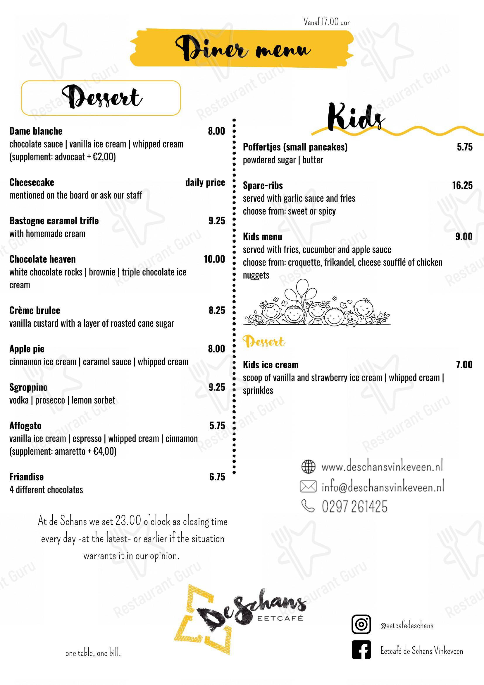 Menu at Eetcafé De Schans, Vinkeveen