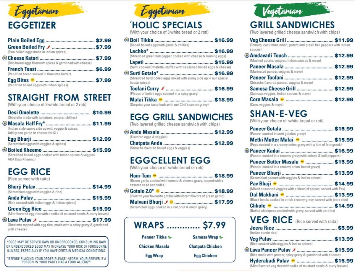 Menu at Eggholic - Indian Veg & Egg Street Food restaurant, Saskatoon