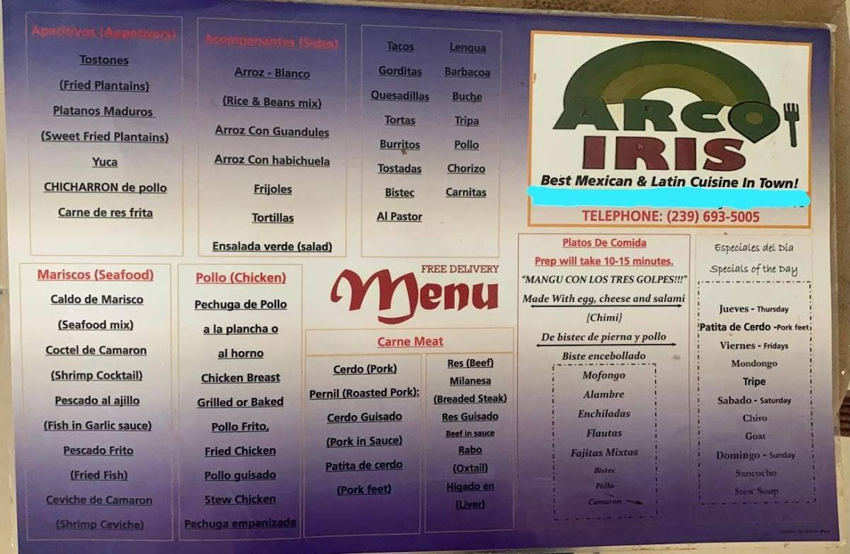 Menu at El Arcoiris Restaurant, Fort Myers