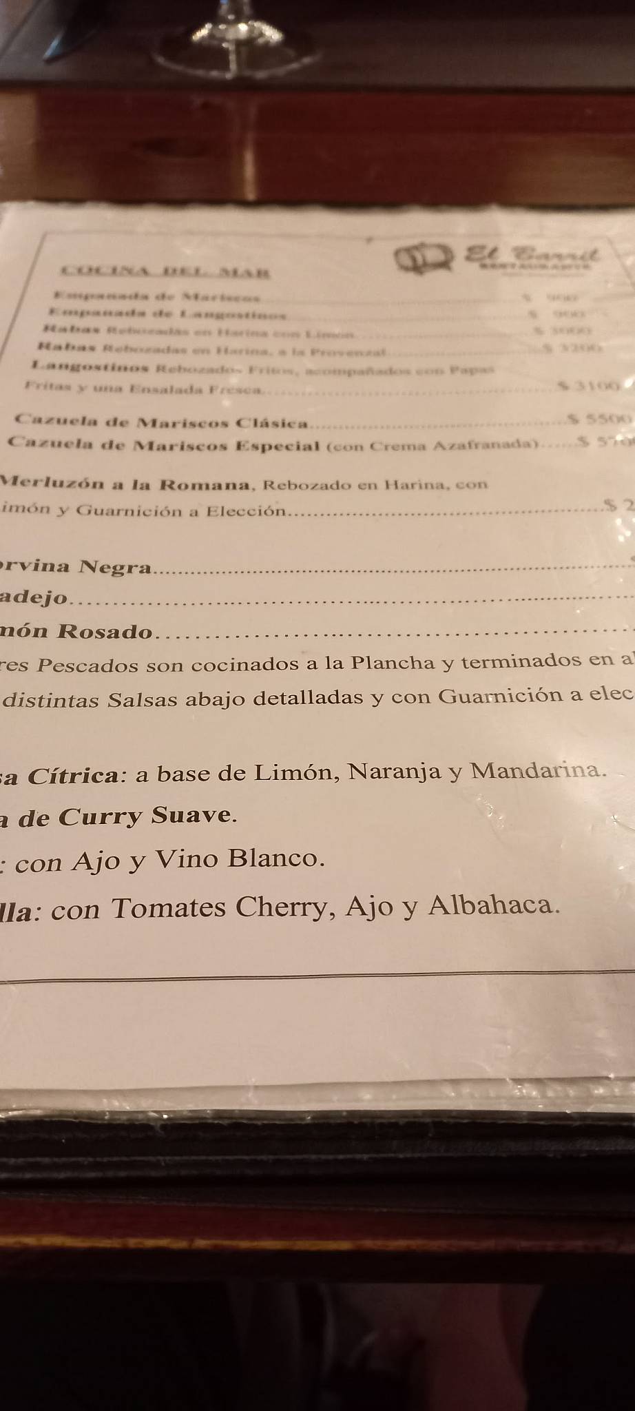 Carta de El Barril Restaurante, Mar Azul, Mar del Plata y 34