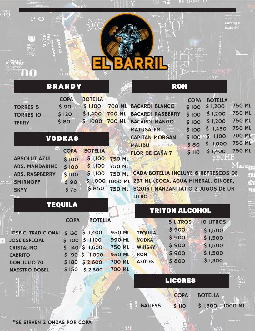 Menu at El Barril Tezontle, Mexico City