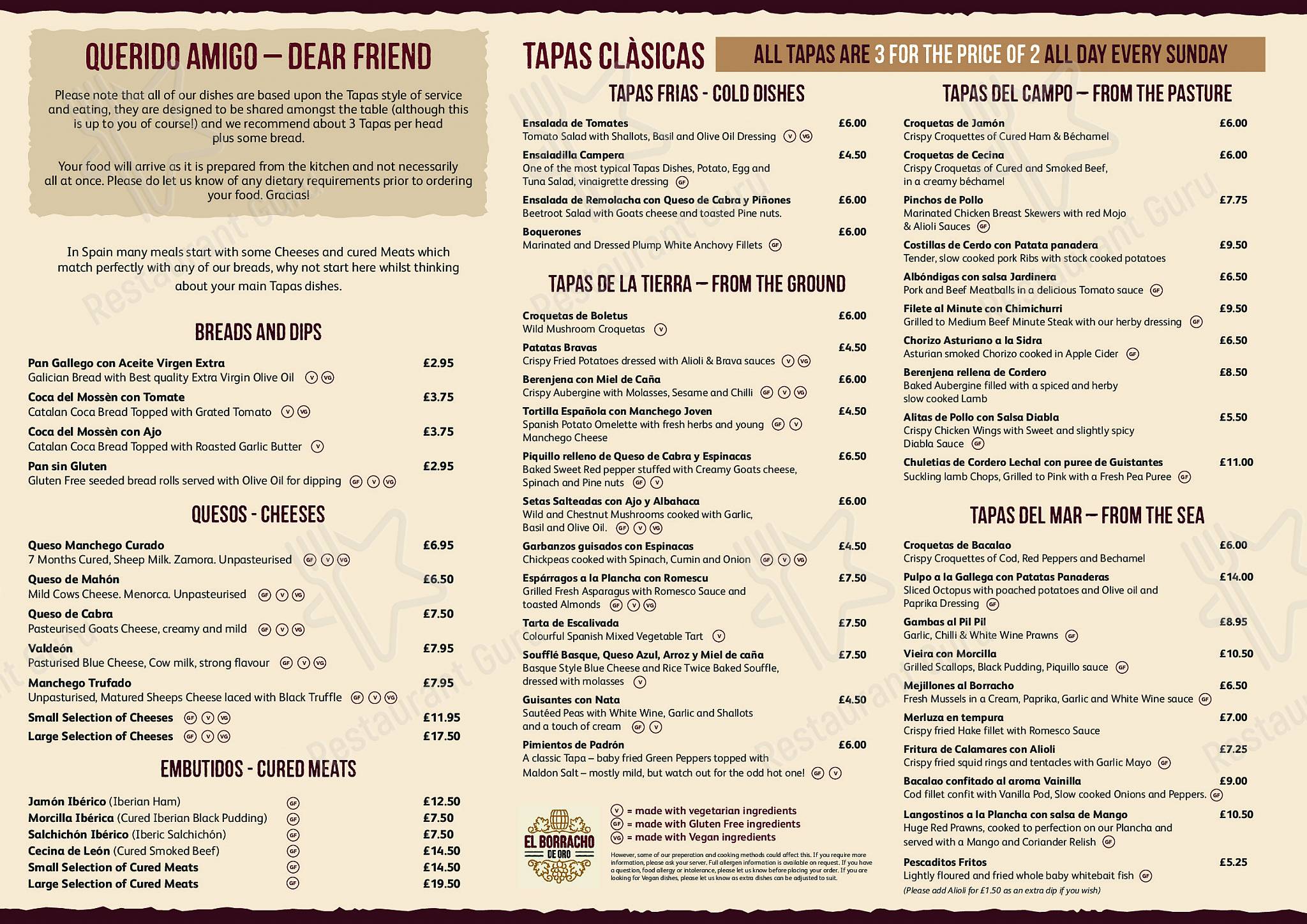 Menu at El Borracho de Oro restaurant, Birmingham