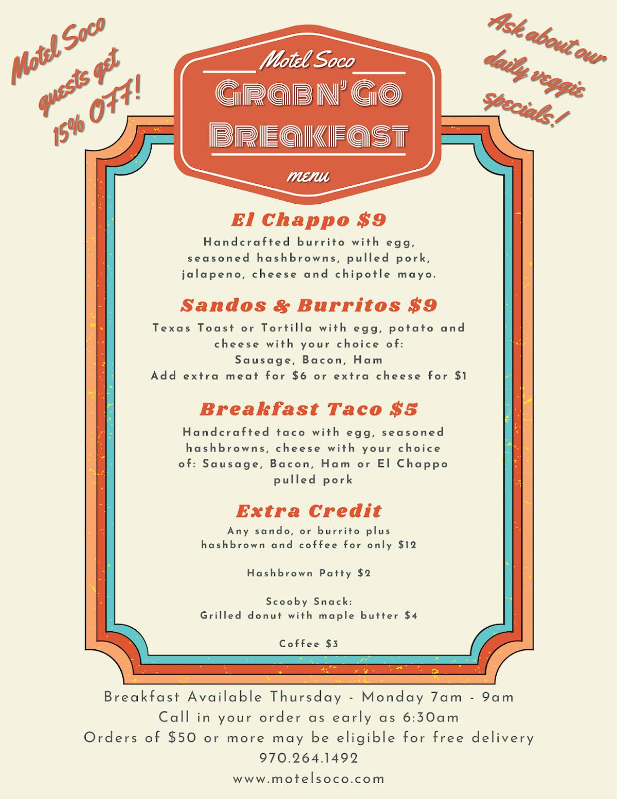 Menu at El Camino Lounge & Grill at Motel SOCO restaurant, Pagosa Springs