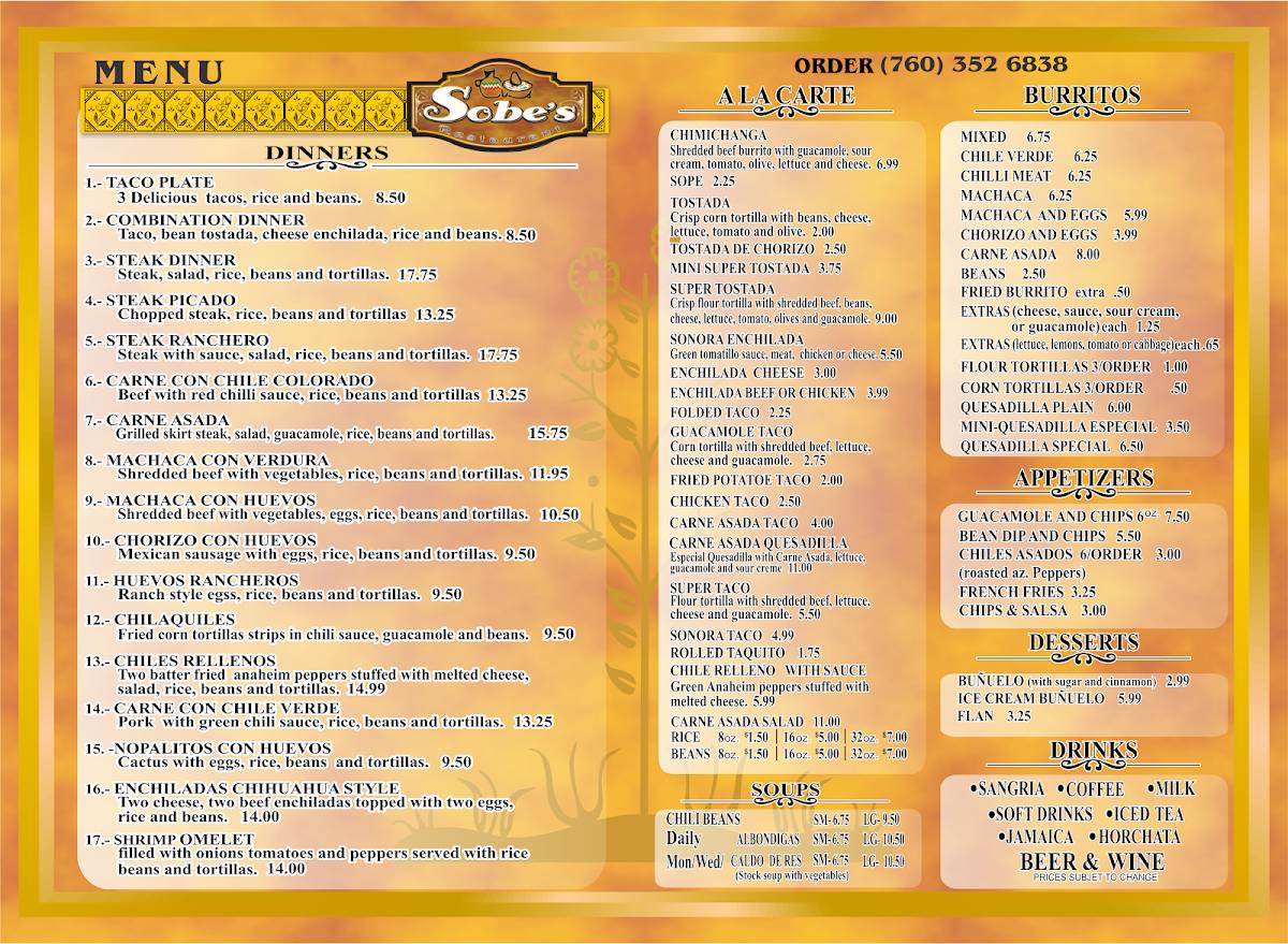 Menu at Sobe's restaurant, El Centro