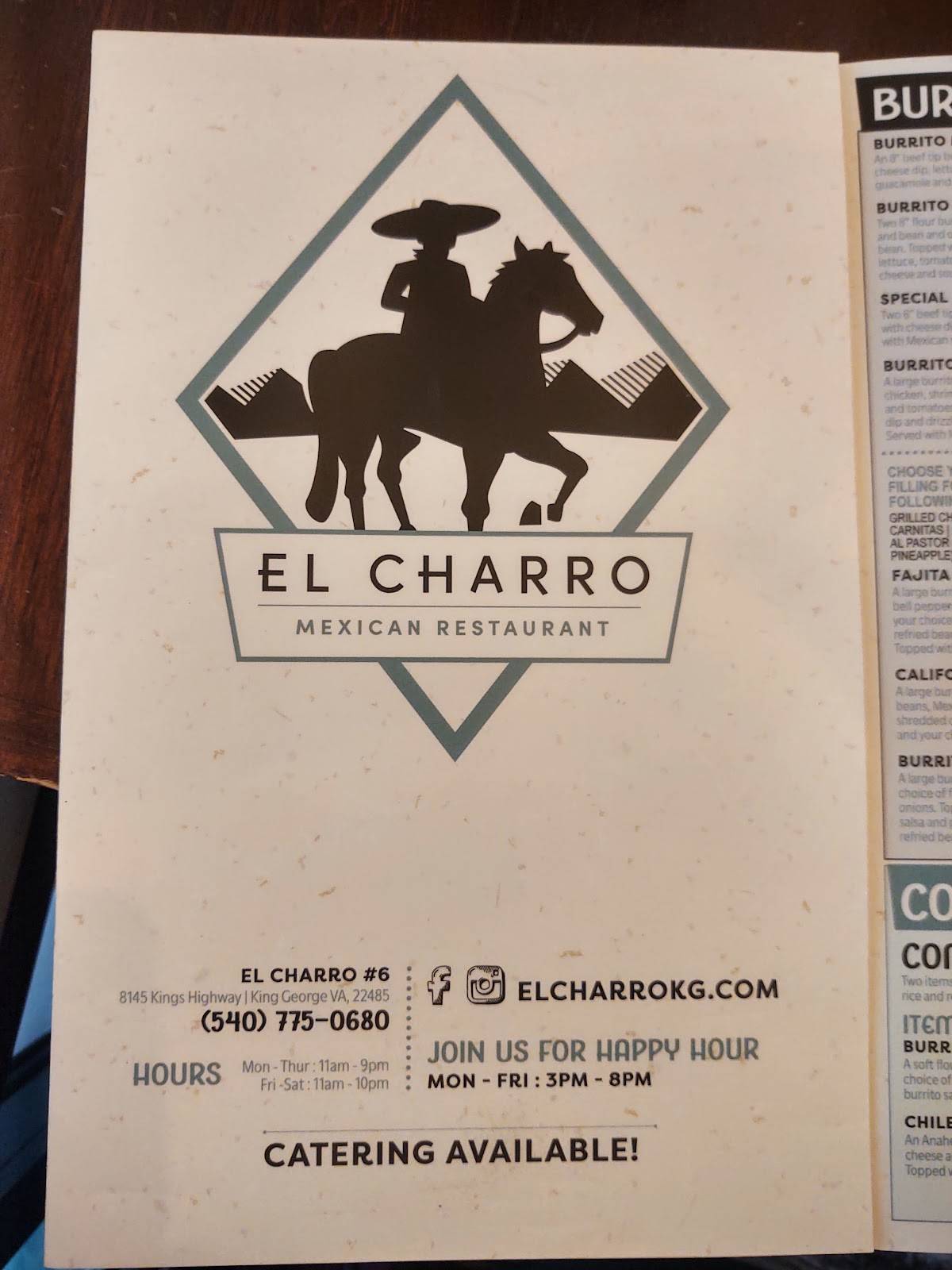 Menu at El Charro Mexican Restaurant, King George