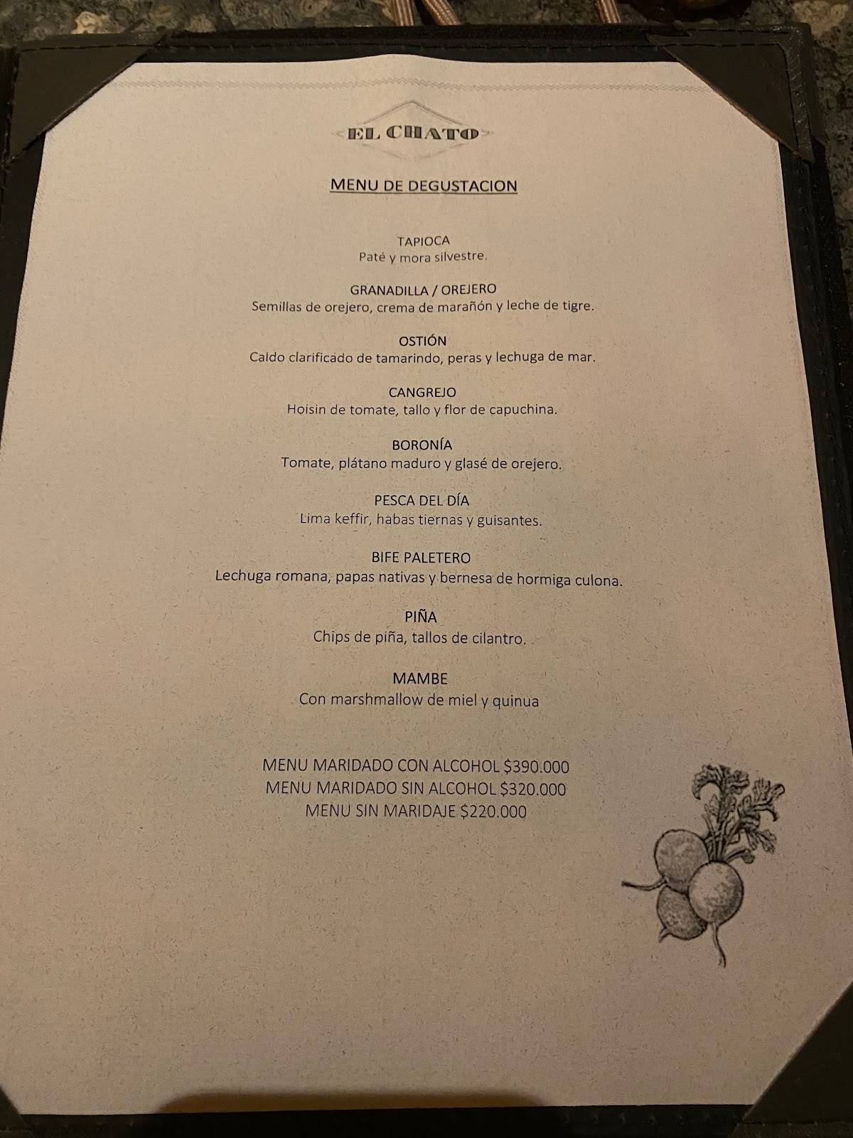 Menu at El Chato restaurant, Bogotá