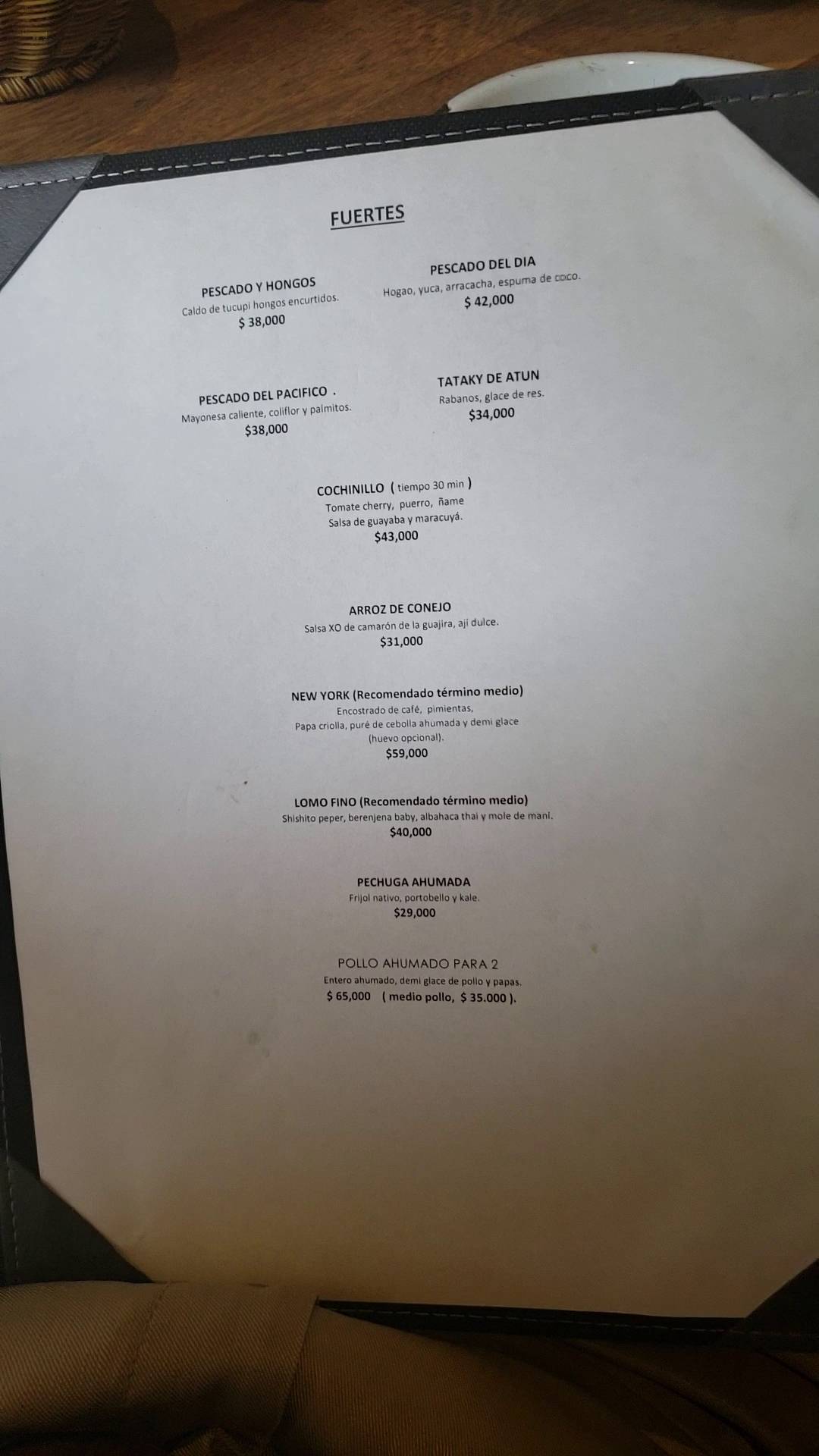 Carta del restaurante El Chato, Bogotá