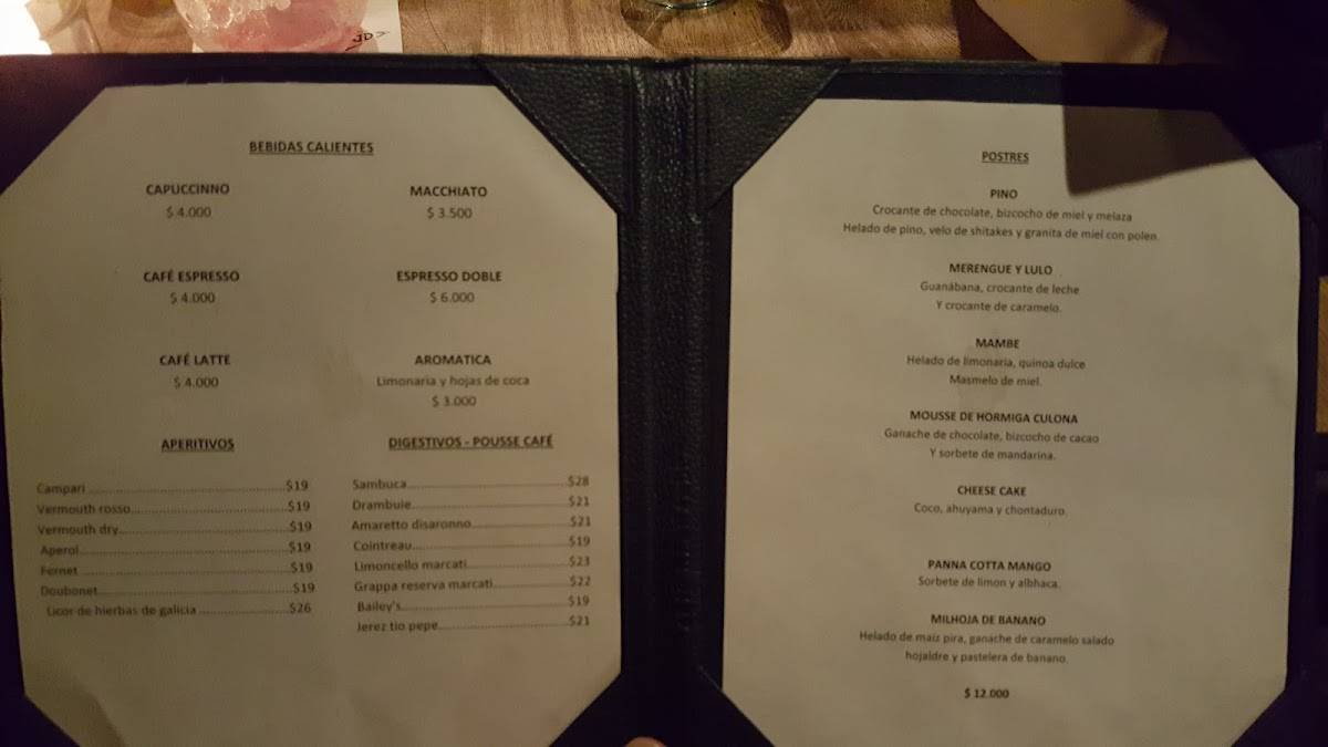 Carta del restaurante El Chato, Bogotá