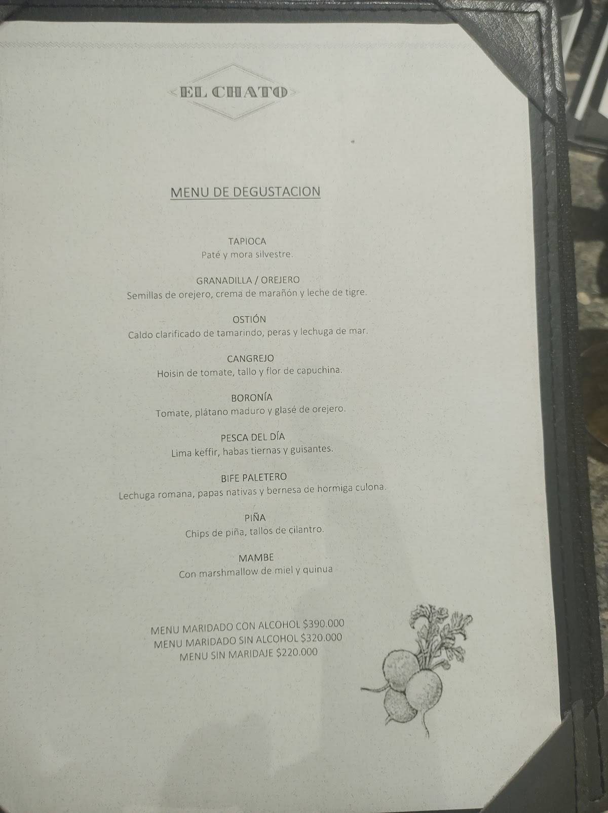 Carta del restaurante El Chato, Bogotá
