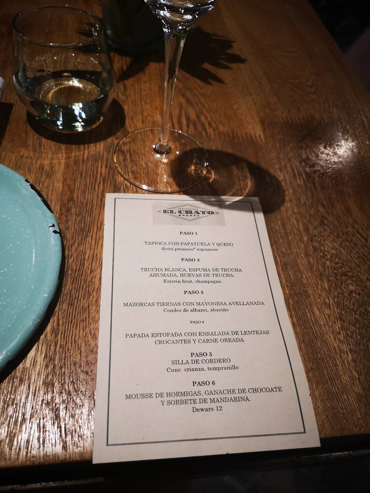 Carta del restaurante El Chato, Bogotá