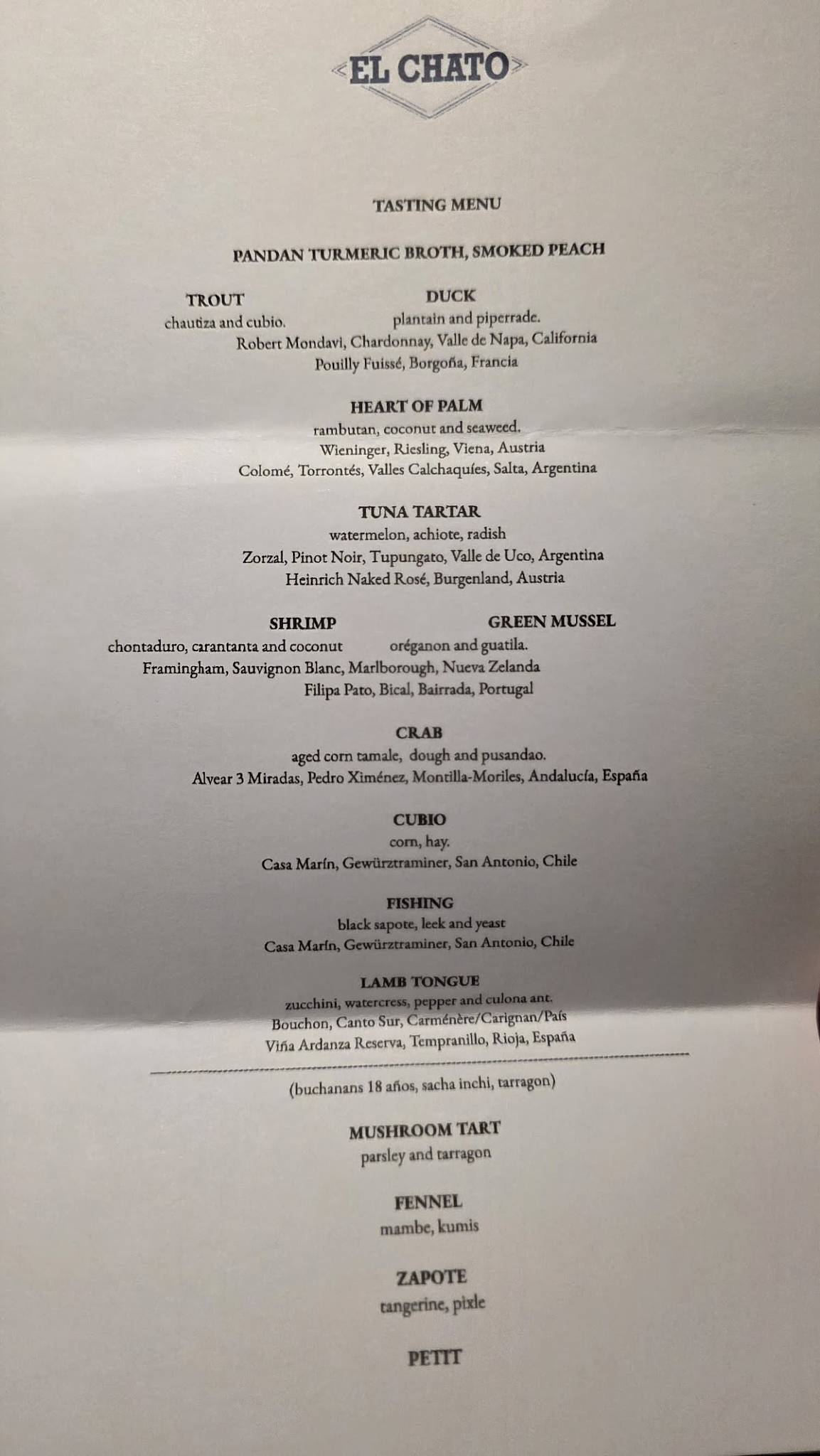 Menu at El Chato restaurant, Bogotá