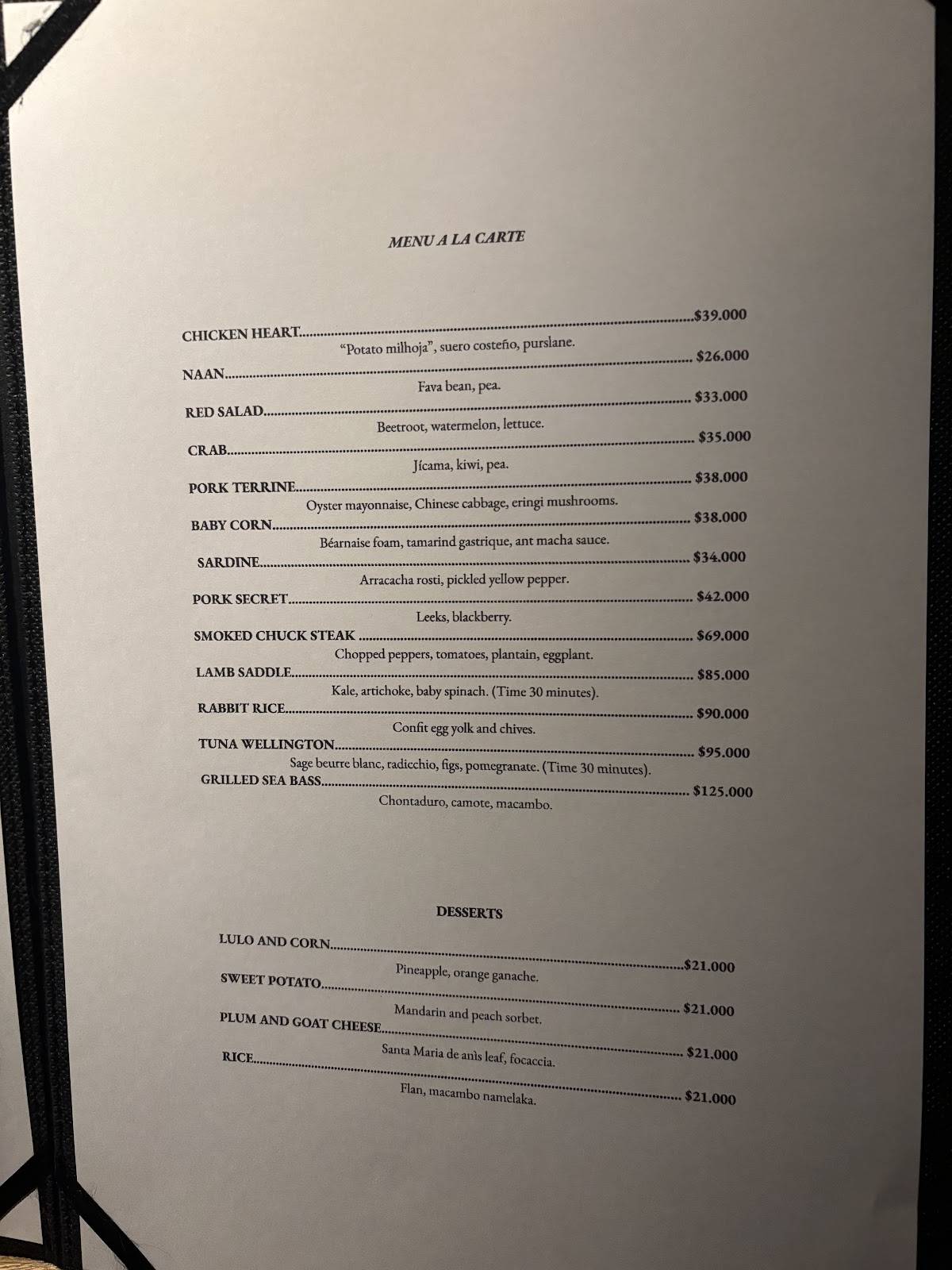 Carta del restaurante El Chato, Bogotá