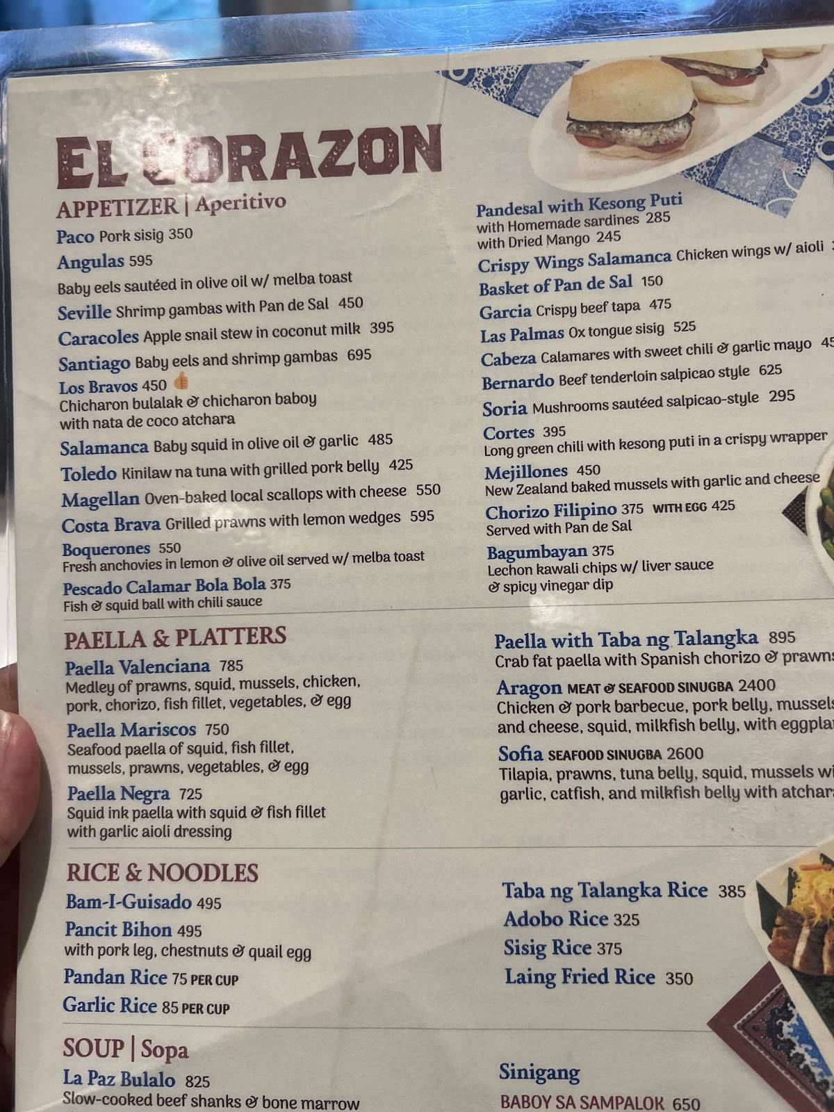 Menu at El Corazon restaurant, Taguig