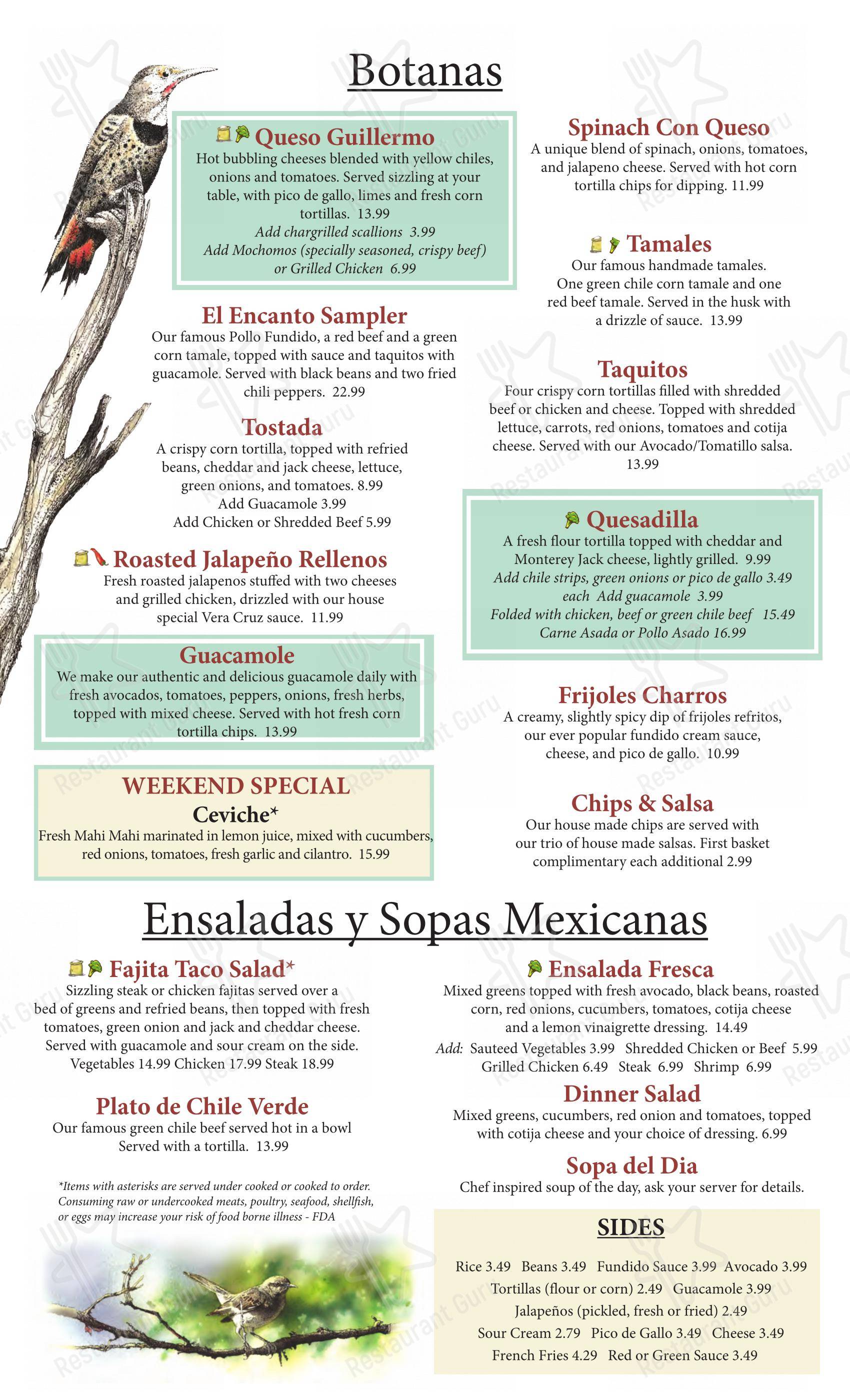 Menu at El Encanto restaurant, Cave Creek, E Cave Creek Rd
