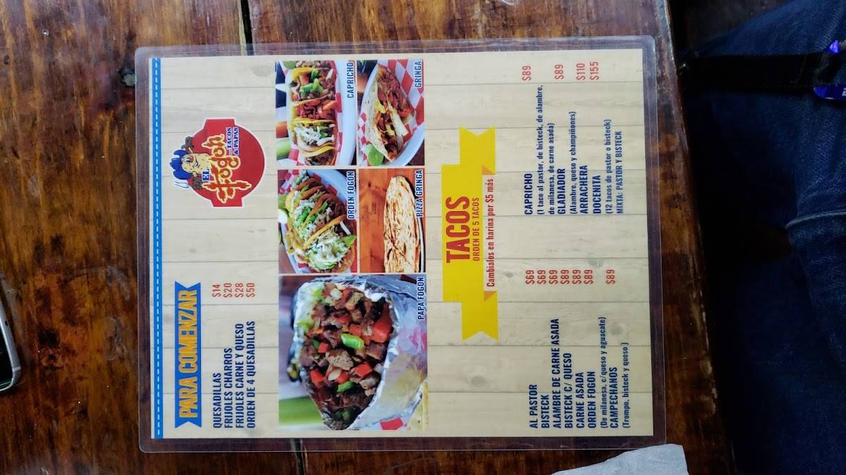 Carta del restaurante El Fogón, Saltillo, Luis Echeverría Álvarez 954