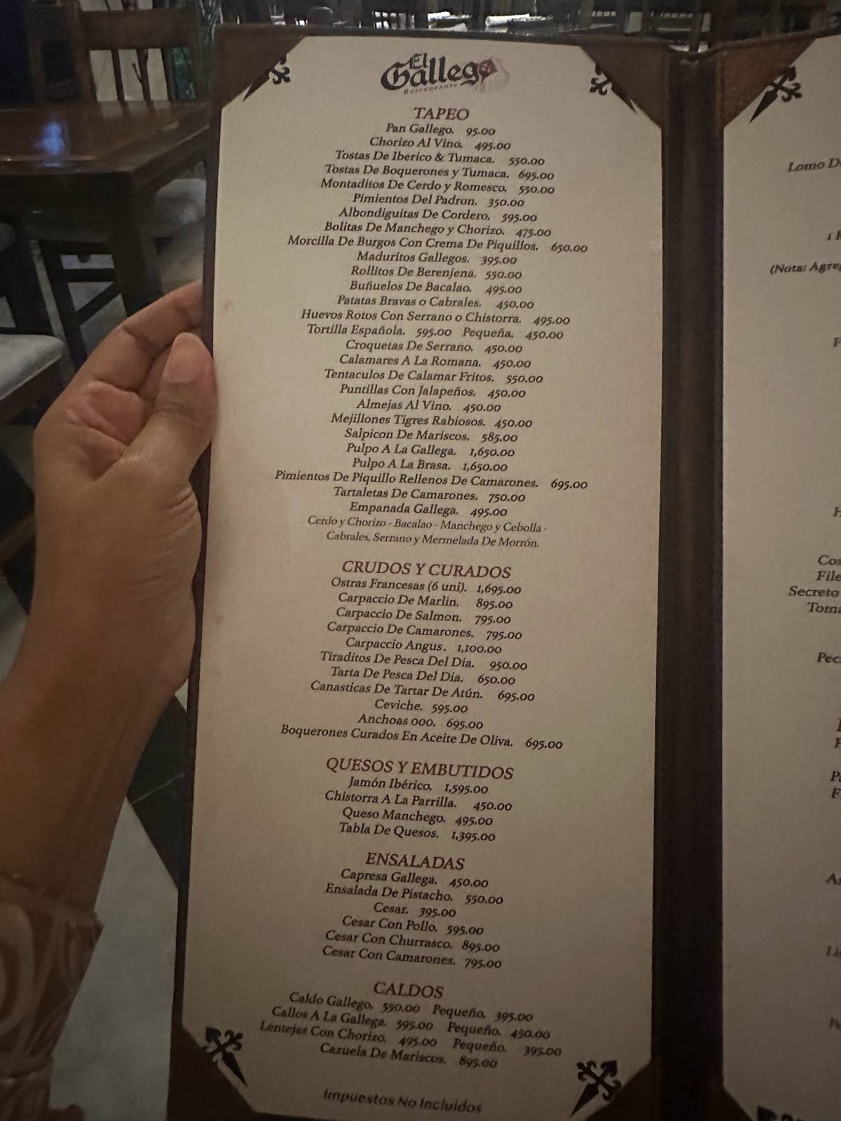 Menu at El Gallego restaurant, Santo Domingo, C. César Nicolás Penson 76