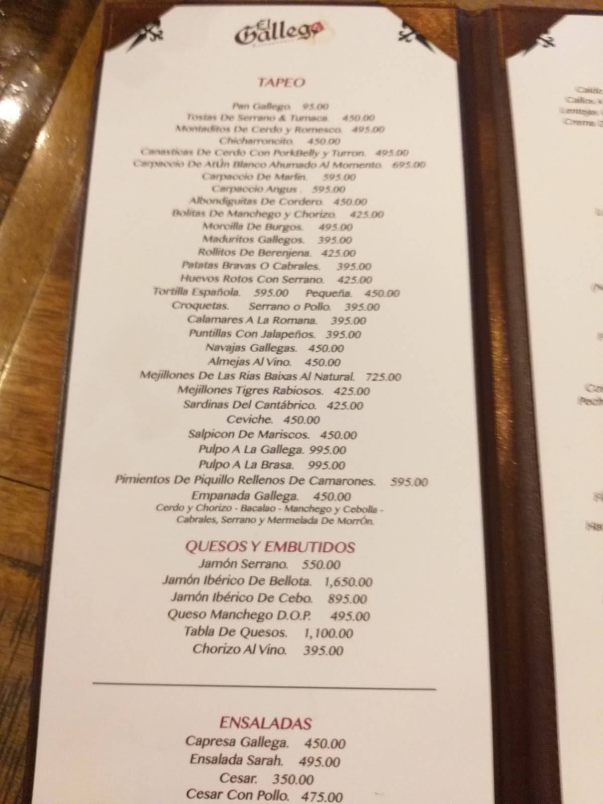 Carta del restaurante El Gallego, Santo Domingo, C. César Nicolás Penson 76