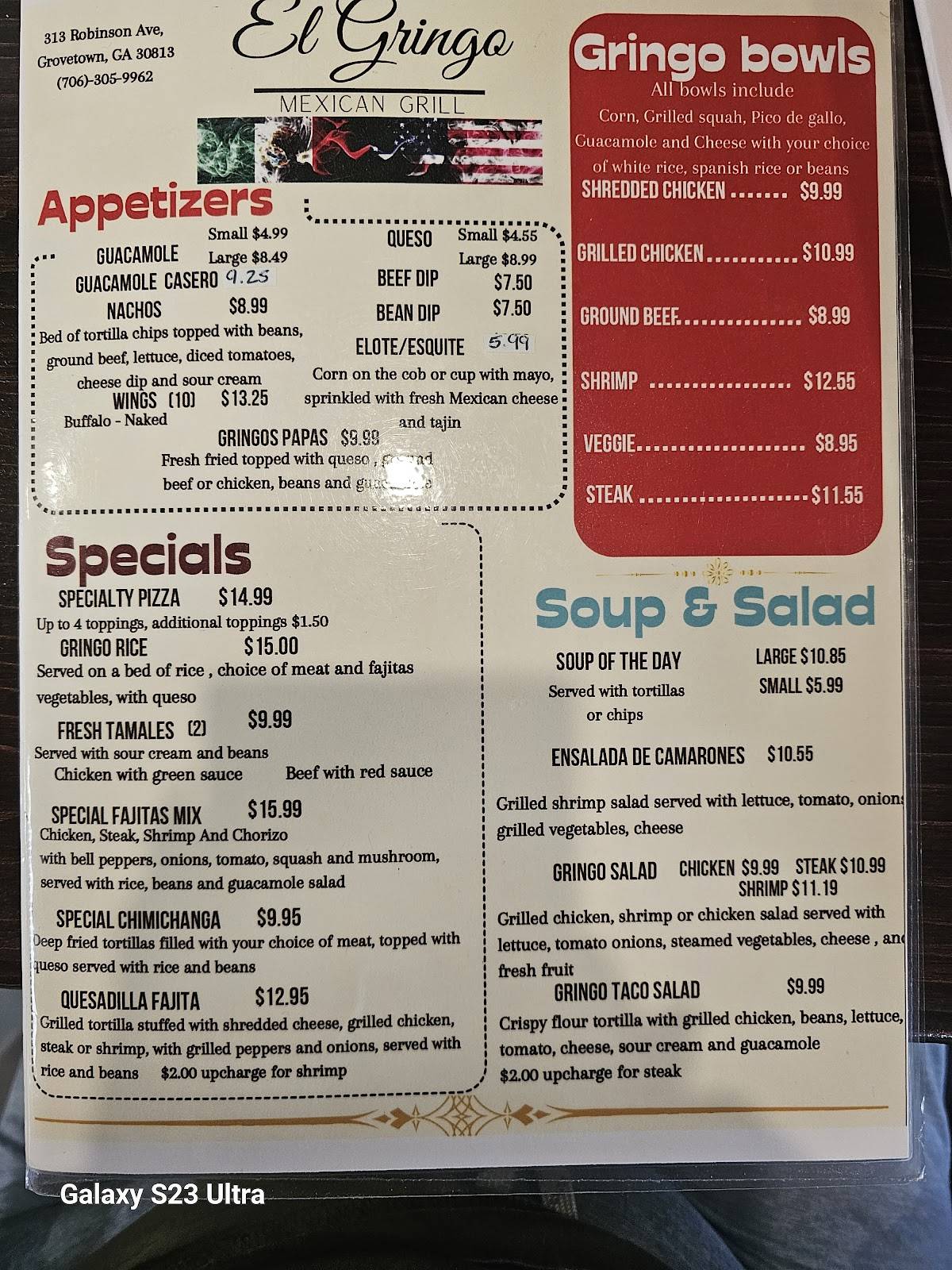 Menu at El Gringo Mexican Grill restaurant, Grovetown