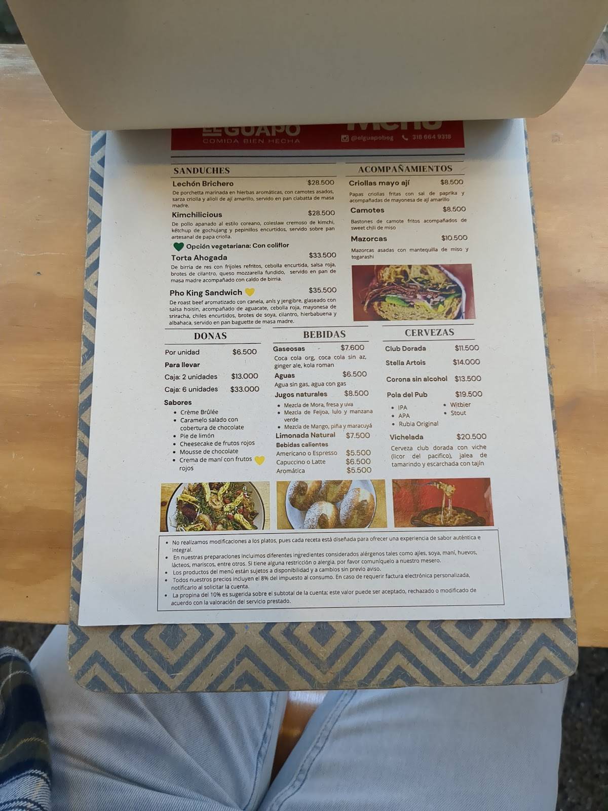 Carta del restaurante El Guapo, Bogotá