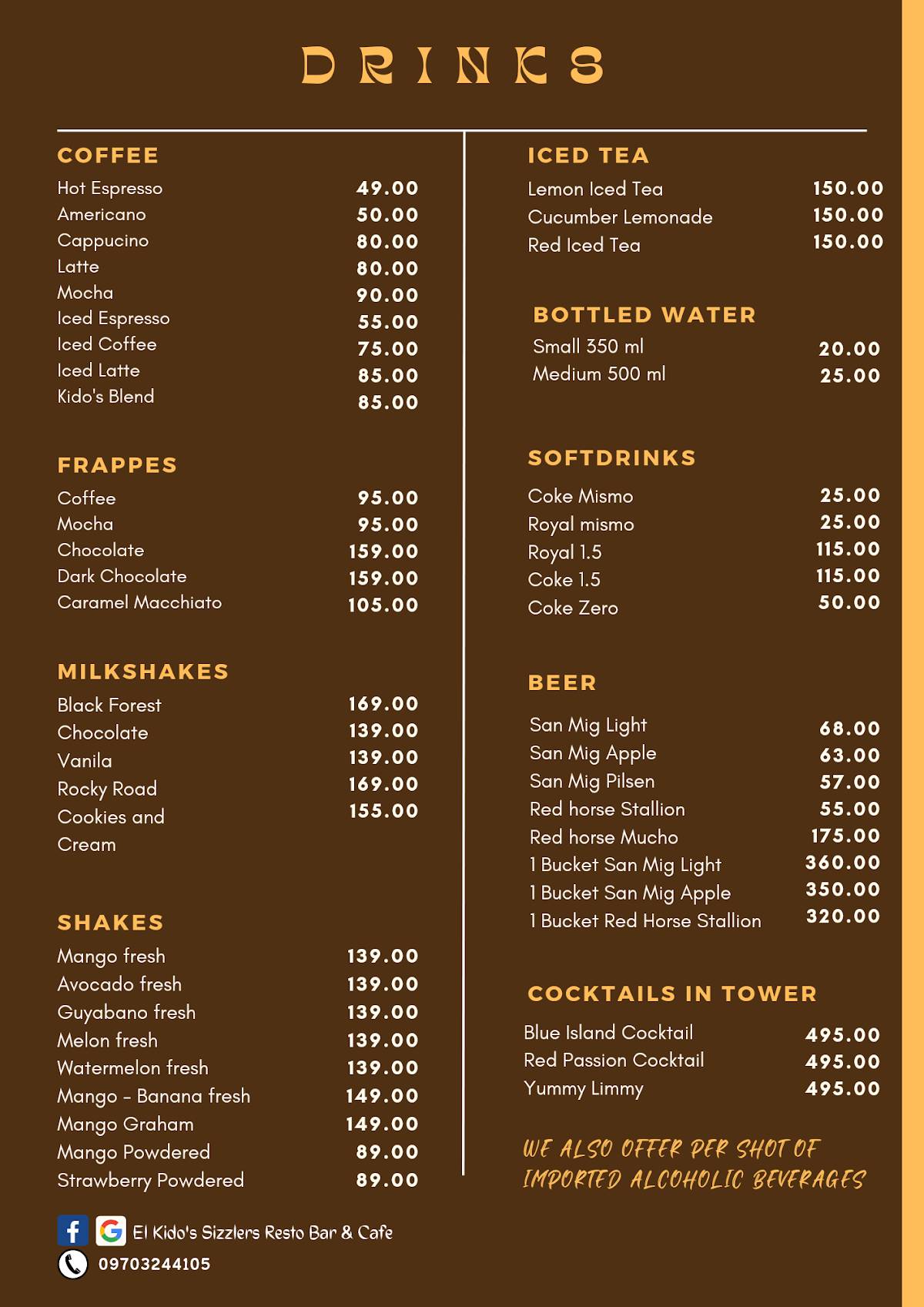 Menu at El Kido's Sizzler Resto Bar & Cafe, Philippines