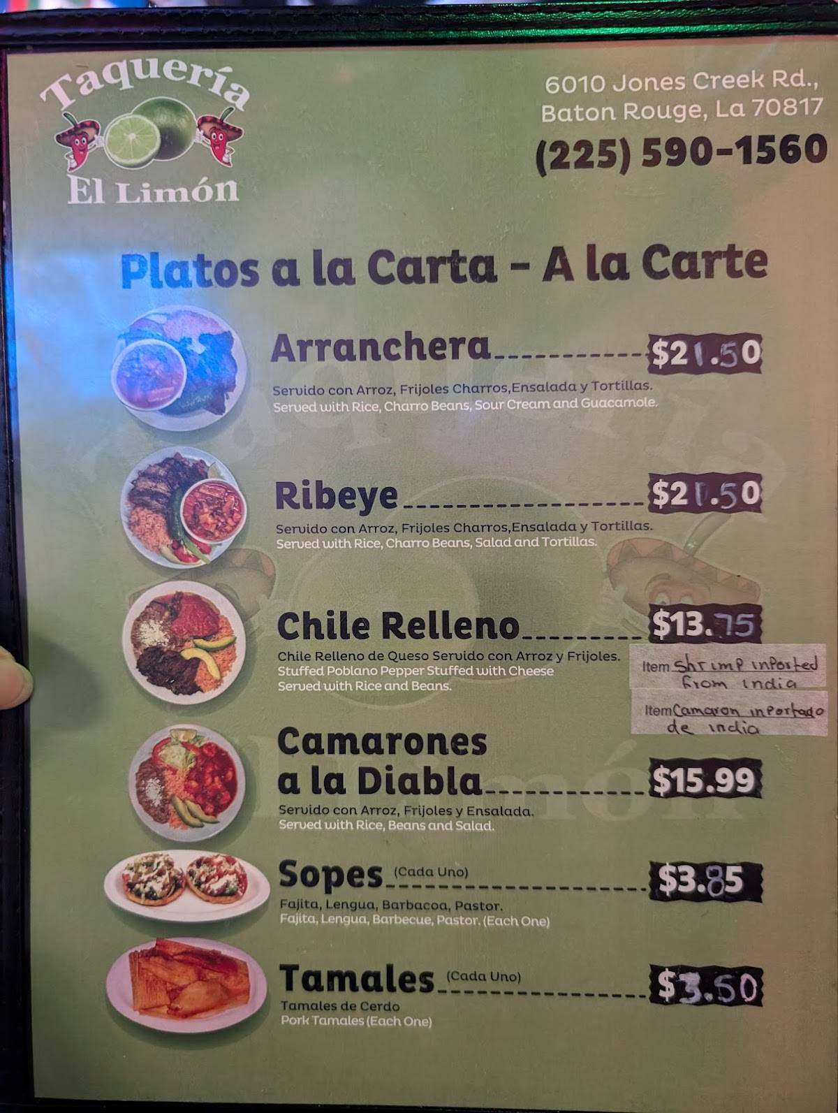 Menu at El Limon Mexican Restaurant, Baton Rouge