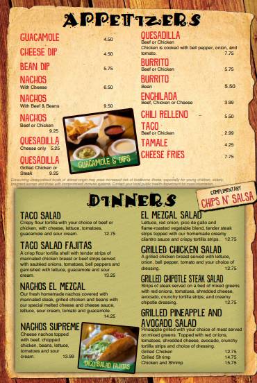 Menu at El Mezcal restaurant, Wausau
