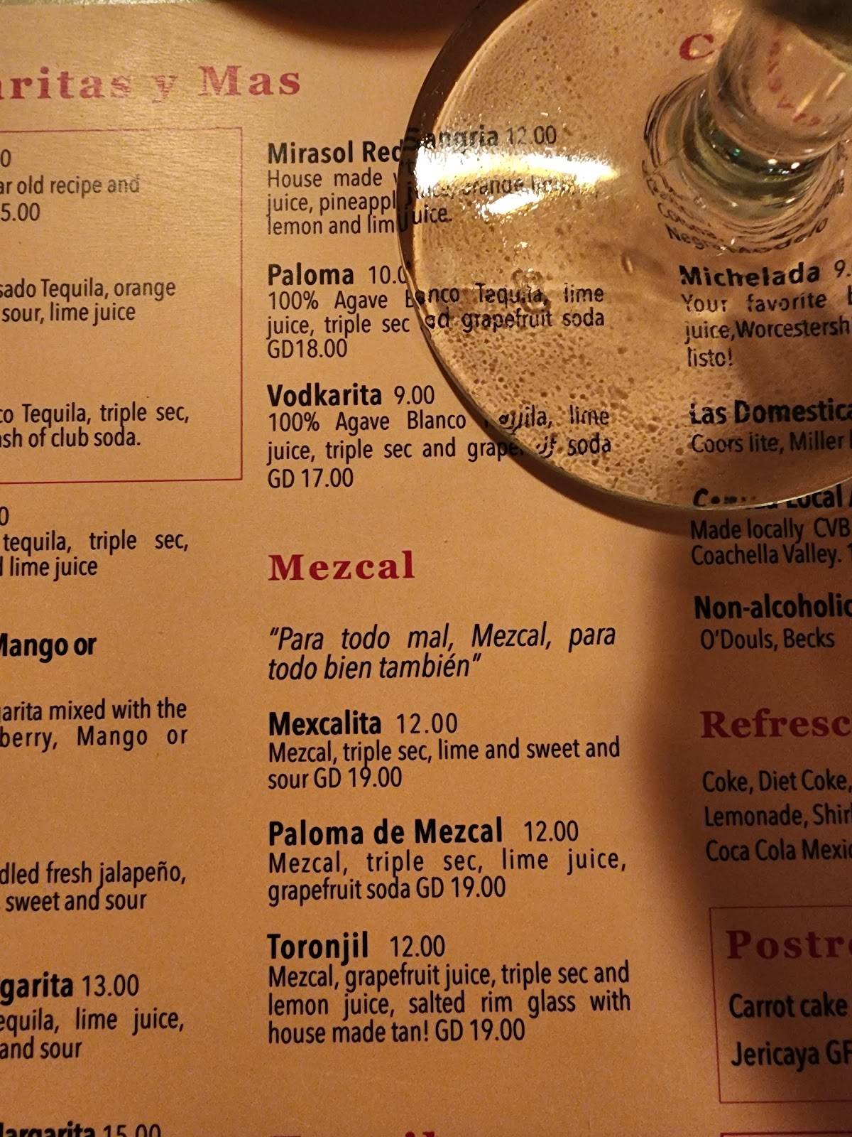 Menu at El Mirasol at Los Arboles restaurant, Palm Springs, 266 E Vía ...