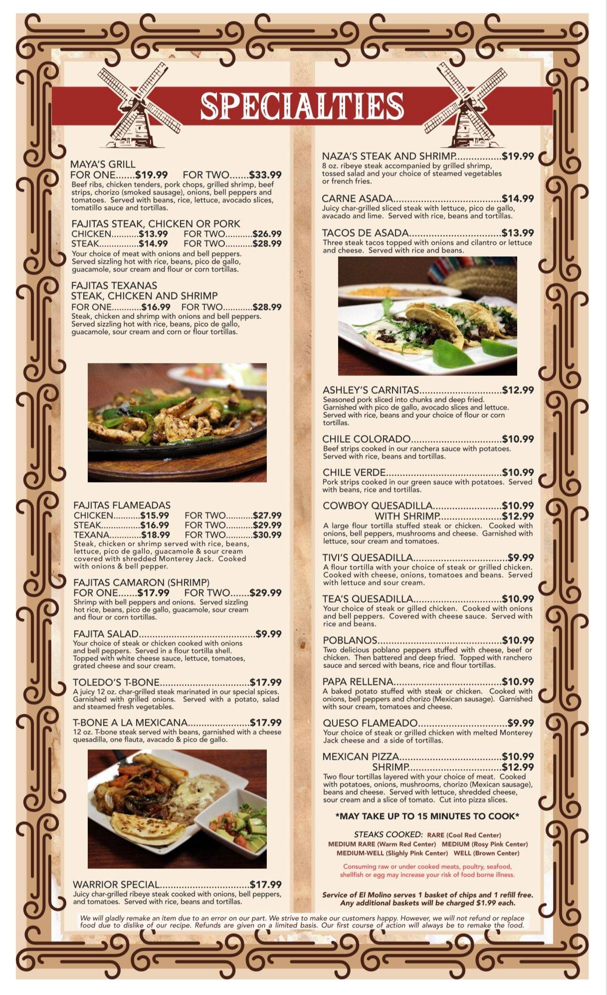 Menu at El Molino Mexican Restaurant, Warrior