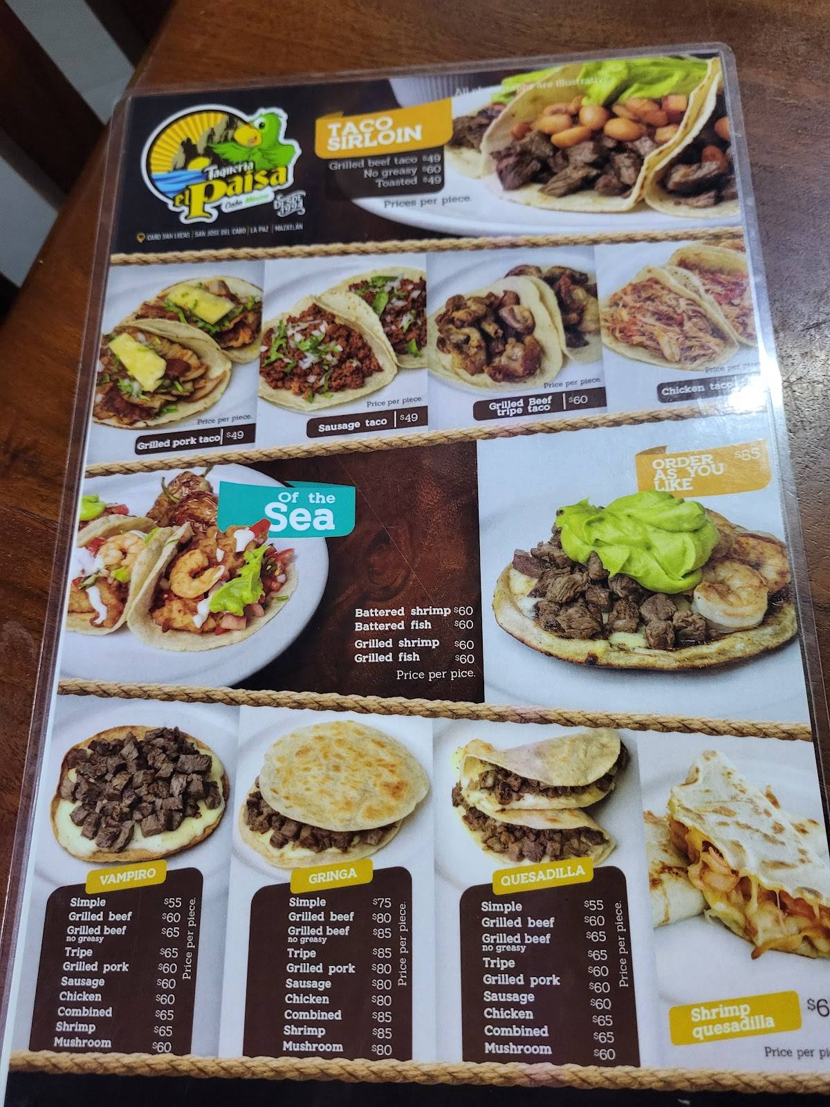Menu at El Paisa restaurant, La Paz, Mariano Abasolo 2730