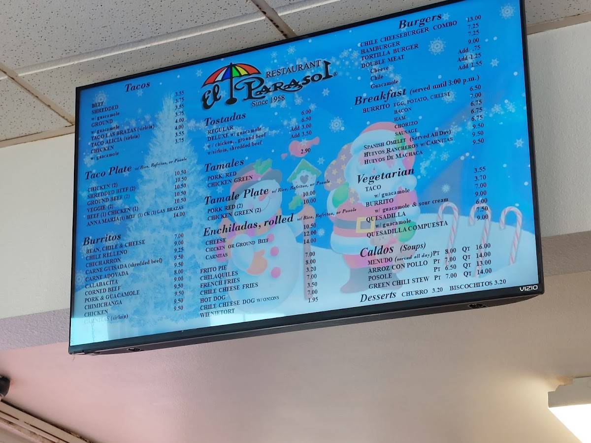 Menu at El Parasol restaurant, Pojoaque