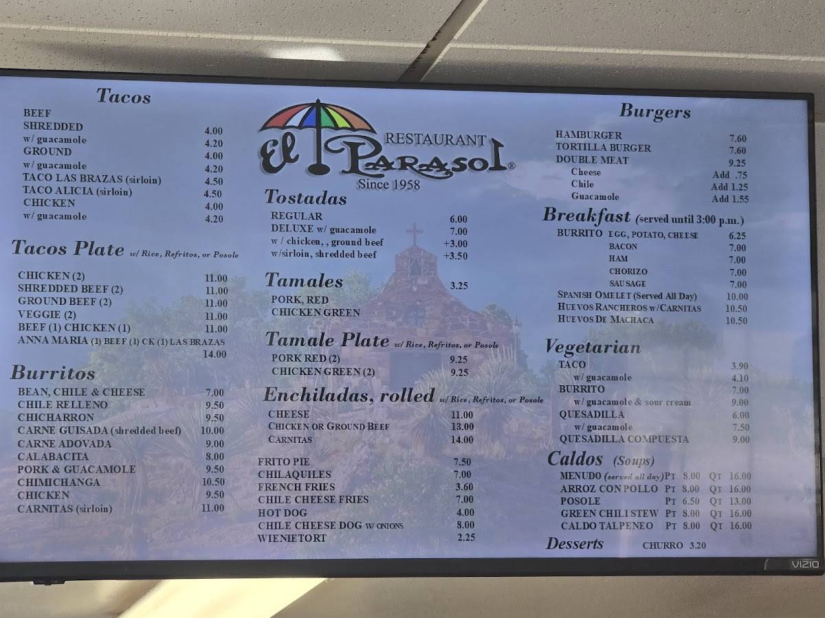 Menu at El Parasol restaurant, Pojoaque