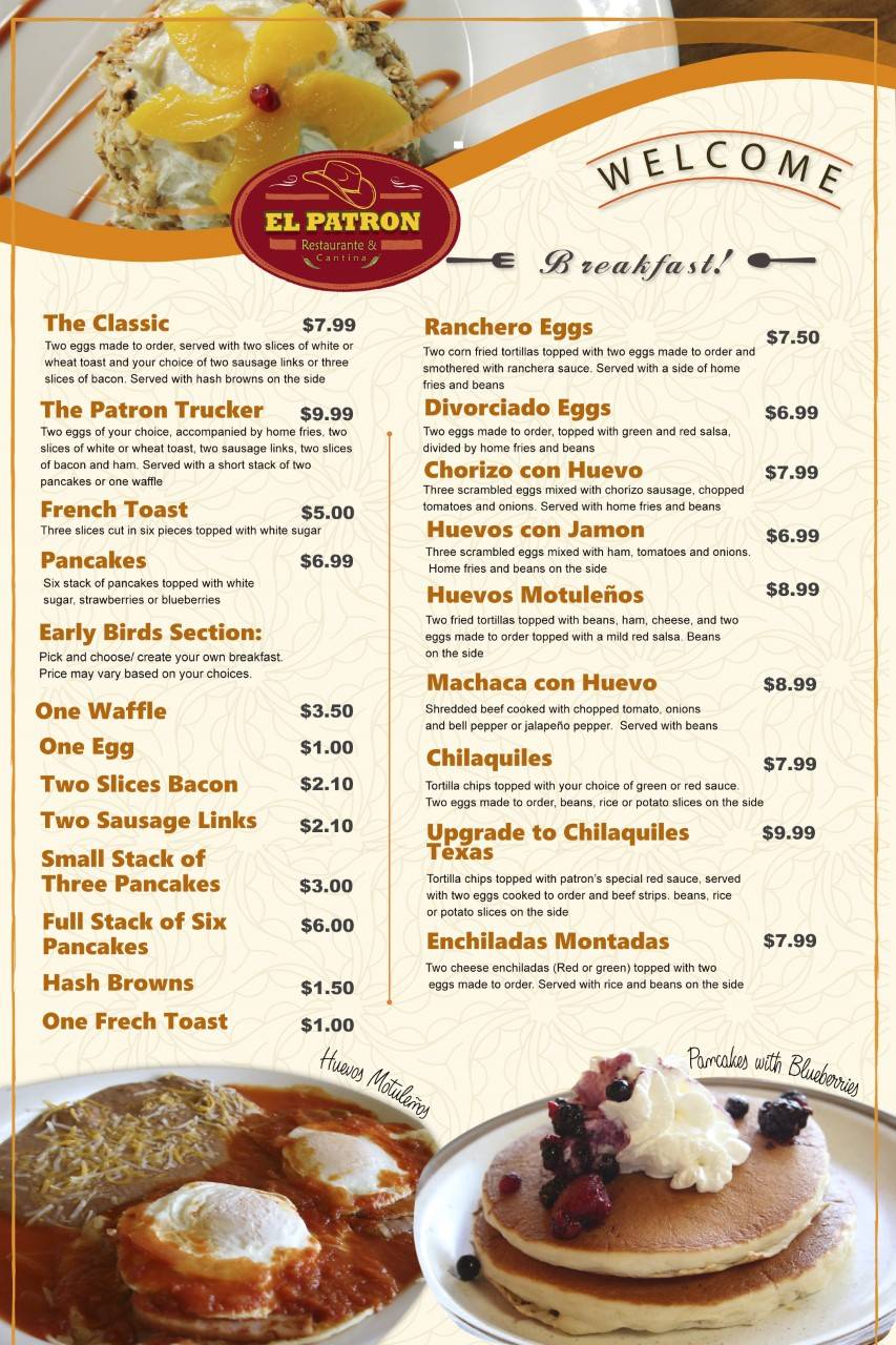 Menu at El Patron Night Club, Garden City
