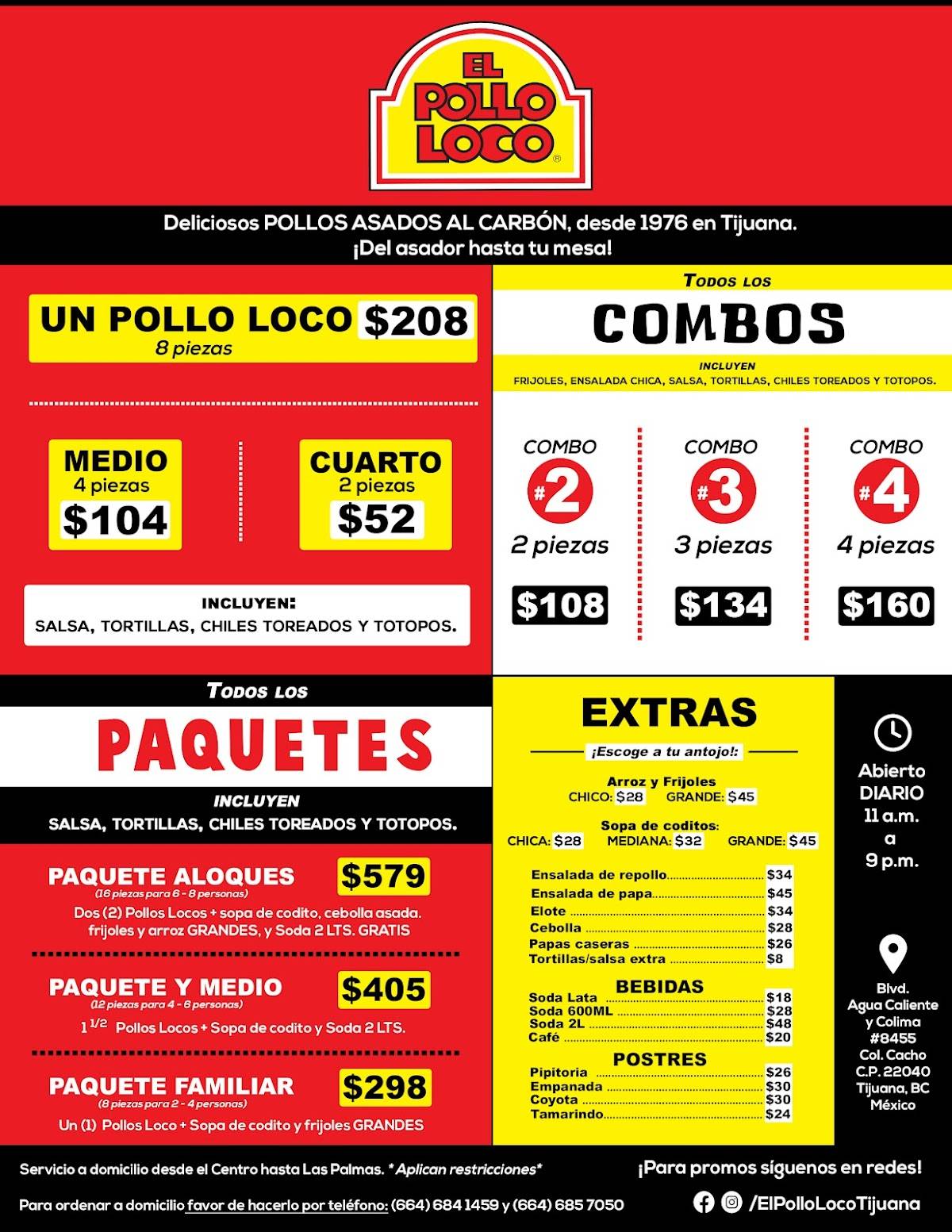 Carta del restaurante El Pollo Loco, Tijuana, Blvd. Agua Caliente 8789