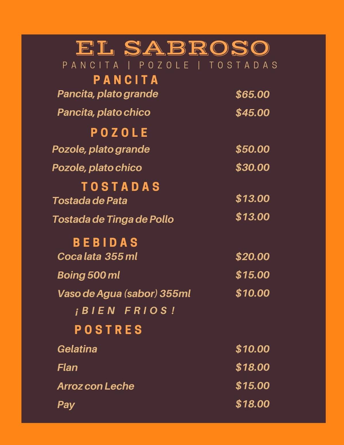 Menu at El Sabroso restaurant, Mexico