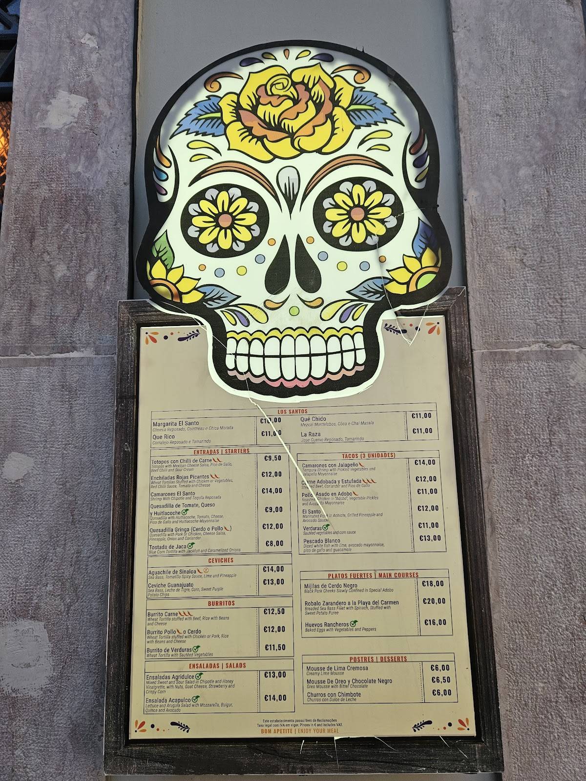 Menu em El Santo restaurante, Lisboa