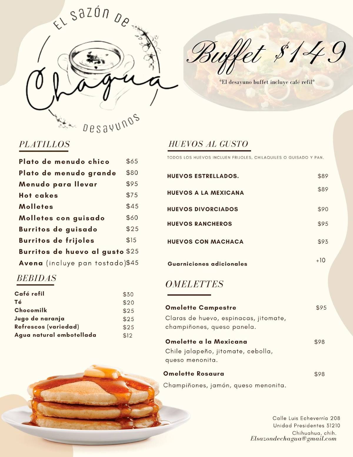 Menu at El Sazón de Chagua restaurant, Chihuahua