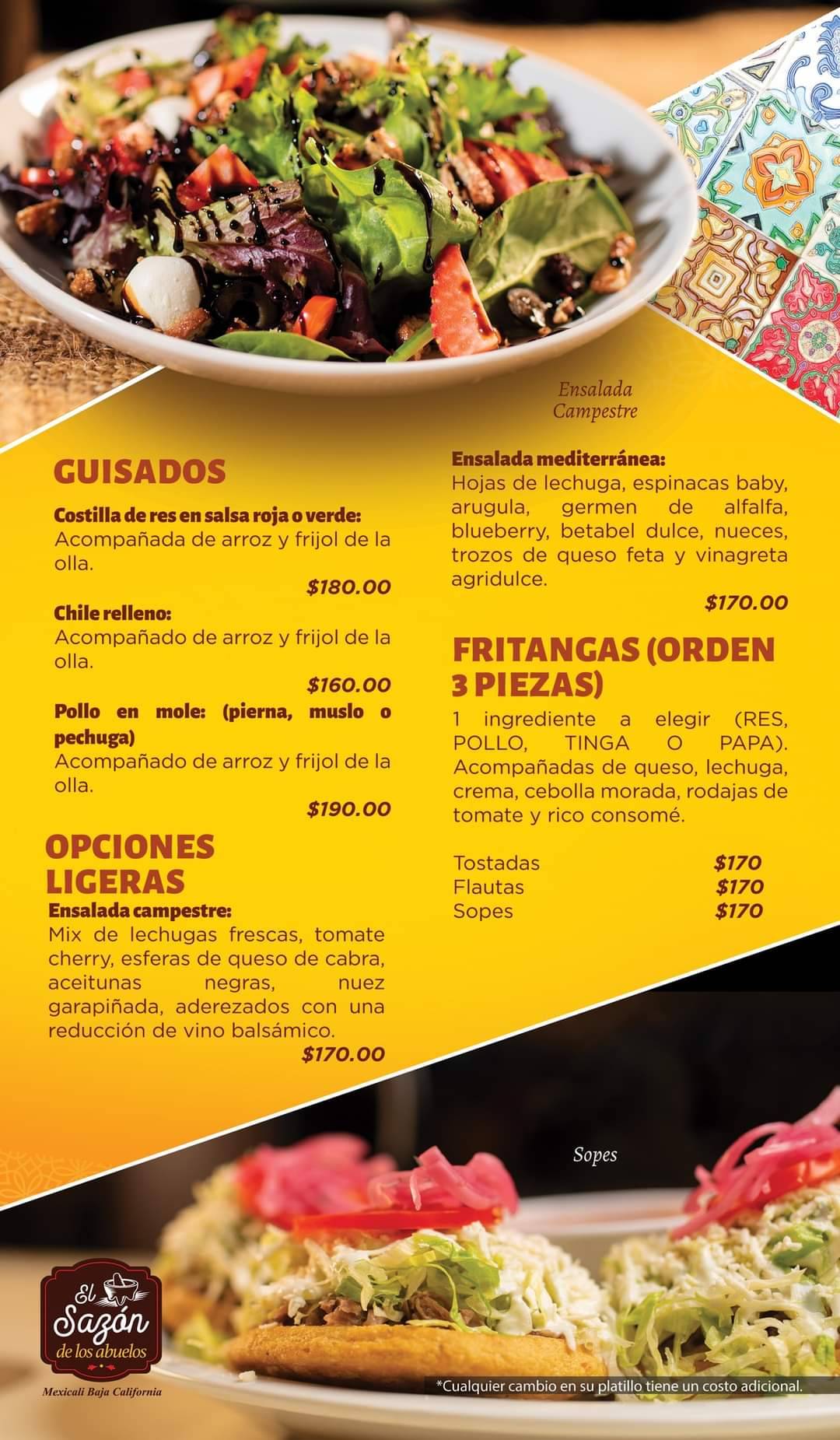 Carta del restaurante El Sazón del los Abuelos Mexicali, Mexicali