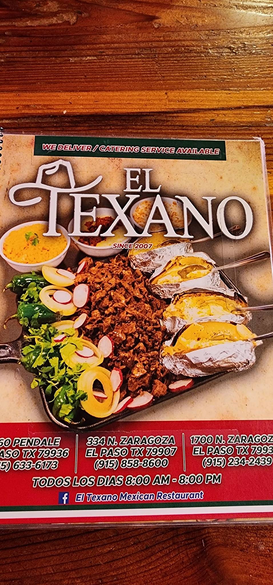 Menu at El Texano Mexican Restaurant, El Paso, Pendale Rd