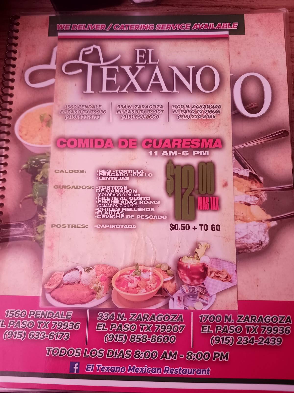 Menu at El Texano Mexican Restaurant, El Paso, Pendale Rd