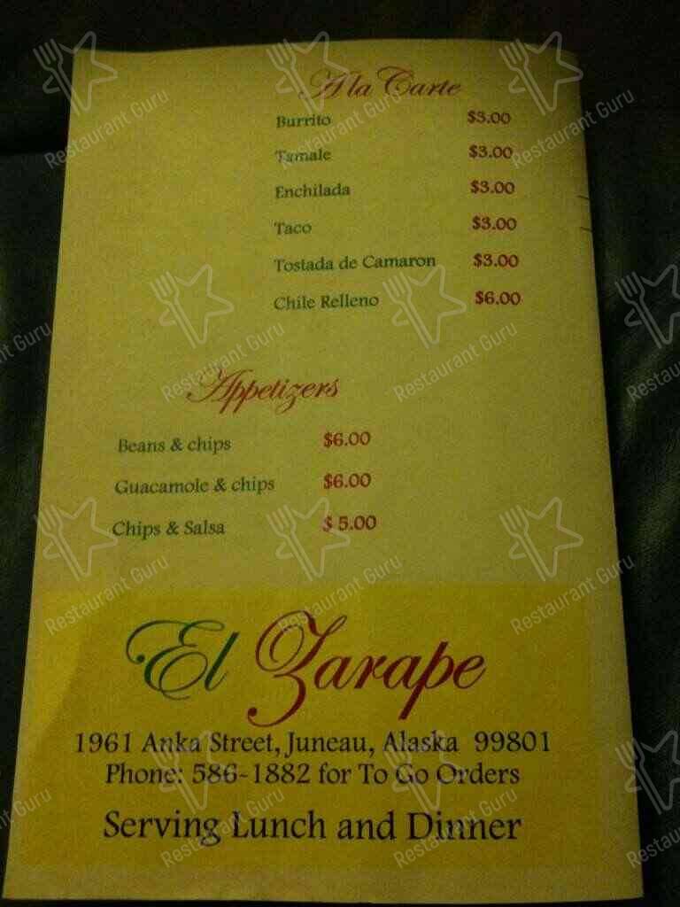 Menu at El Zarape restaurant, Juneau, Anka St
