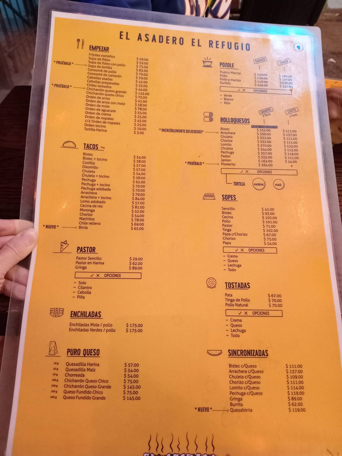 Menu at El asadero "refugio" restaurant, Santiago de Querétaro