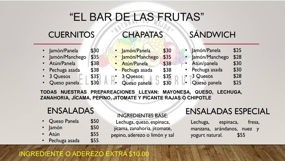 Carta de El bar de las frutas, Mexico